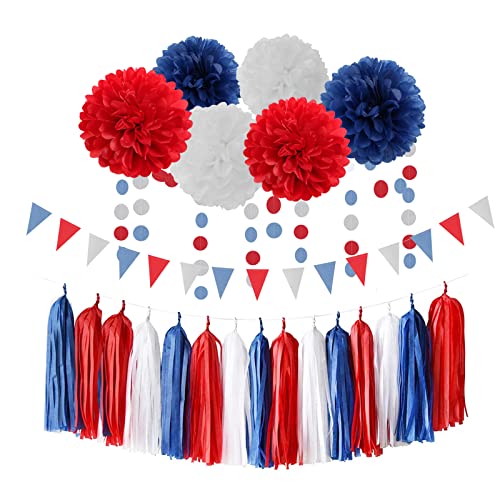 Fourth-4th of July Imemorial-Day Party-Decorations - 23pcs Red White Blue Graduation Banner, USA Patriotic Tassel Garland Streamers, Paper Tissue Pom Poms, America Independence Decor Lasting Surprise