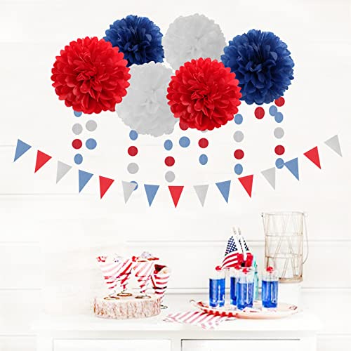 Fourth-4th of July Imemorial-Day Party-Decorations - 23pcs Red White Blue Graduation Banner, USA Patriotic Tassel Garland Streamers, Paper Tissue Pom Poms, America Independence Decor Lasting Surprise