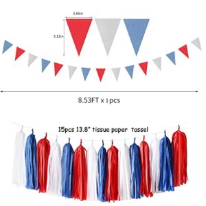 Fourth-4th of July Imemorial-Day Party-Decorations - 23pcs Red White Blue Graduation Banner, USA Patriotic Tassel Garland Streamers, Paper Tissue Pom Poms, America Independence Decor Lasting Surprise