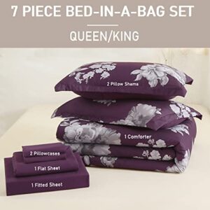 ALAOOKKA Queen Comforter Set 7 Piece Bed in a Bag,Grey Floral Printed on Purple Botanical Design Comforter with Sheets,Microfiber Bedding Set for All Season(Purple,Queen)