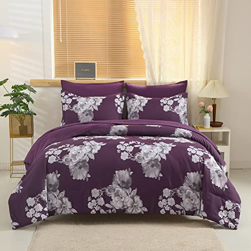 ALAOOKKA Queen Comforter Set 7 Piece Bed in a Bag,Grey Floral Printed on Purple Botanical Design Comforter with Sheets,Microfiber Bedding Set for All Season(Purple,Queen)