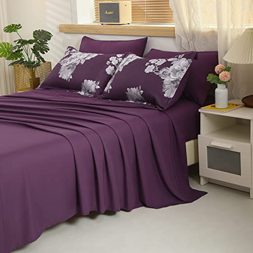 ALAOOKKA Queen Comforter Set 7 Piece Bed in a Bag,Grey Floral Printed on Purple Botanical Design Comforter with Sheets,Microfiber Bedding Set for All Season(Purple,Queen)