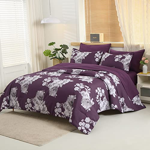 ALAOOKKA Queen Comforter Set 7 Piece Bed in a Bag,Grey Floral Printed on Purple Botanical Design Comforter with Sheets,Microfiber Bedding Set for All Season(Purple,Queen)