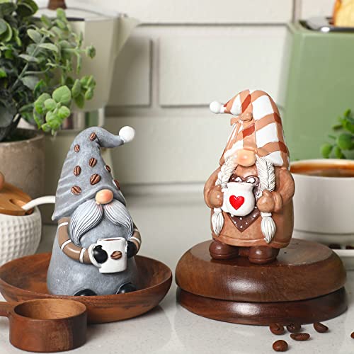 2 Pack Coffee Gnomes Coffee Bar Decor Accessories Christmas Swedish Tomte Gnomes Resin Gnome Figurines Tiered Tray Collectible Tabletop Kitchen Decorations for Home Kitchen Farmhouse Office