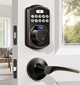 veise fingerprint door lock with 2 lever handles - keyless entry door lock, electronic keypad deadbolt & front door lock handle sets, auto lock & 1 touch locking, easy installation, oil rubbed bronze