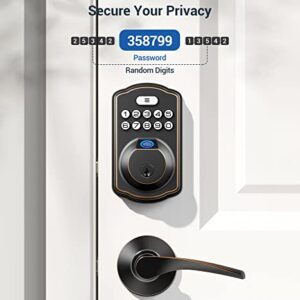 Veise Fingerprint Door Lock with 2 Lever Handles - Keyless Entry Door Lock, Electronic Keypad Deadbolt & Front Door Lock Handle Sets, Auto Lock & 1 Touch Locking, Easy Installation, Oil Rubbed Bronze