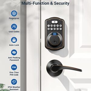 Veise Fingerprint Door Lock with 2 Lever Handles - Keyless Entry Door Lock, Electronic Keypad Deadbolt & Front Door Lock Handle Sets, Auto Lock & 1 Touch Locking, Easy Installation, Oil Rubbed Bronze