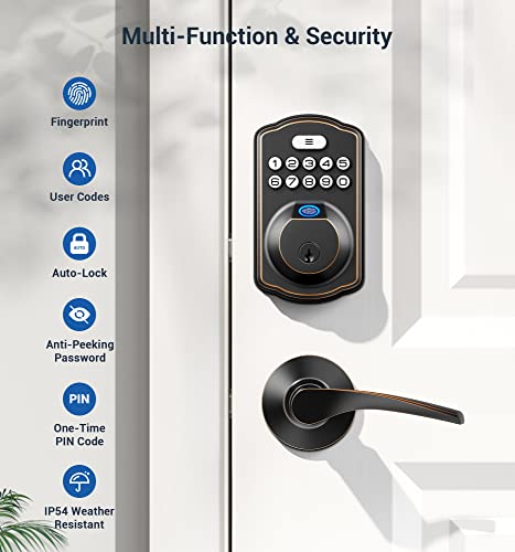 Veise Fingerprint Door Lock with 2 Lever Handles - Keyless Entry Door Lock, Electronic Keypad Deadbolt & Front Door Lock Handle Sets, Auto Lock & 1 Touch Locking, Easy Installation, Oil Rubbed Bronze