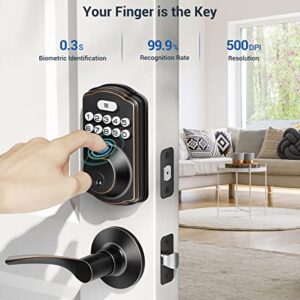 Veise Fingerprint Door Lock with 2 Lever Handles - Keyless Entry Door Lock, Electronic Keypad Deadbolt & Front Door Lock Handle Sets, Auto Lock & 1 Touch Locking, Easy Installation, Oil Rubbed Bronze