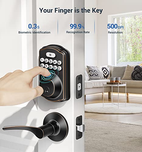 Veise Fingerprint Door Lock with 2 Lever Handles - Keyless Entry Door Lock, Electronic Keypad Deadbolt & Front Door Lock Handle Sets, Auto Lock & 1 Touch Locking, Easy Installation, Oil Rubbed Bronze