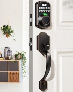 veise fingerprint door lock set, keyless entry door lock, front door handle sets, electronic keypad deadbolt with lever handle, 2 keys, auto lock, code door lock, easy installation, oil rubbed bronze