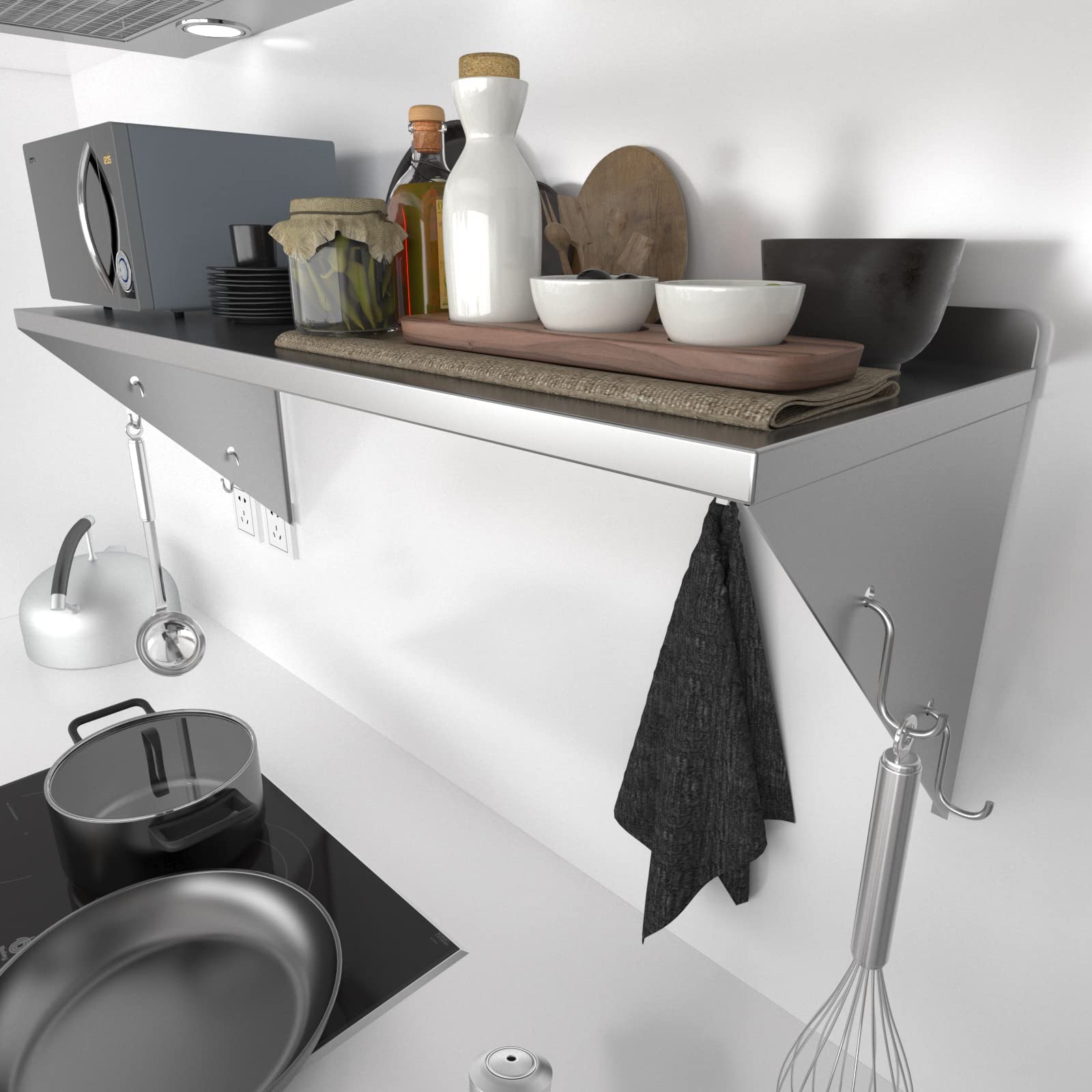 TAIMIKO Stainless Steel Wall Shelf, Commercial Kitchen Shelves with with 5 Hooks (39.37" x 11.81")