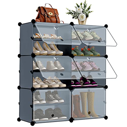 UNZIPE Shoe Rack Cabinet, 6 Tier Shoe Storage Organizer for Entryway 24 Pair Plastic Shoe Shelves DIY Freestanding Shoe Tower Rack for Closet Bedroom Hallway, Portable Storage Cubes with Doors,Grey