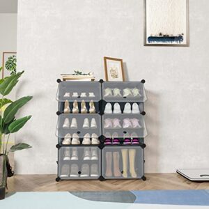 UNZIPE Shoe Rack Cabinet, 6 Tier Shoe Storage Organizer for Entryway 24 Pair Plastic Shoe Shelves DIY Freestanding Shoe Tower Rack for Closet Bedroom Hallway, Portable Storage Cubes with Doors,Grey