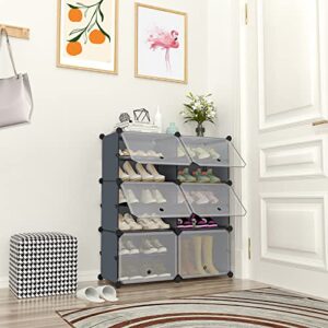 UNZIPE Shoe Rack Cabinet, 6 Tier Shoe Storage Organizer for Entryway 24 Pair Plastic Shoe Shelves DIY Freestanding Shoe Tower Rack for Closet Bedroom Hallway, Portable Storage Cubes with Doors,Grey