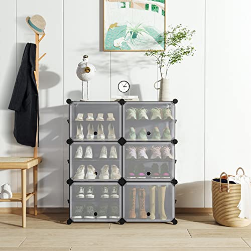 UNZIPE Shoe Rack Cabinet, 6 Tier Shoe Storage Organizer for Entryway 24 Pair Plastic Shoe Shelves DIY Freestanding Shoe Tower Rack for Closet Bedroom Hallway, Portable Storage Cubes with Doors,Grey