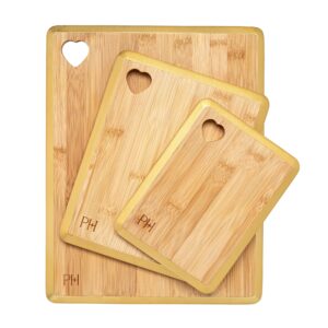 Paris Hilton Reversible Bamboo Cutting Board Set with Heart Shaped Cut-Out Design, Glamorous Gold Edge Detail and Multiple Board Sizes, 3-Pieces, Gold