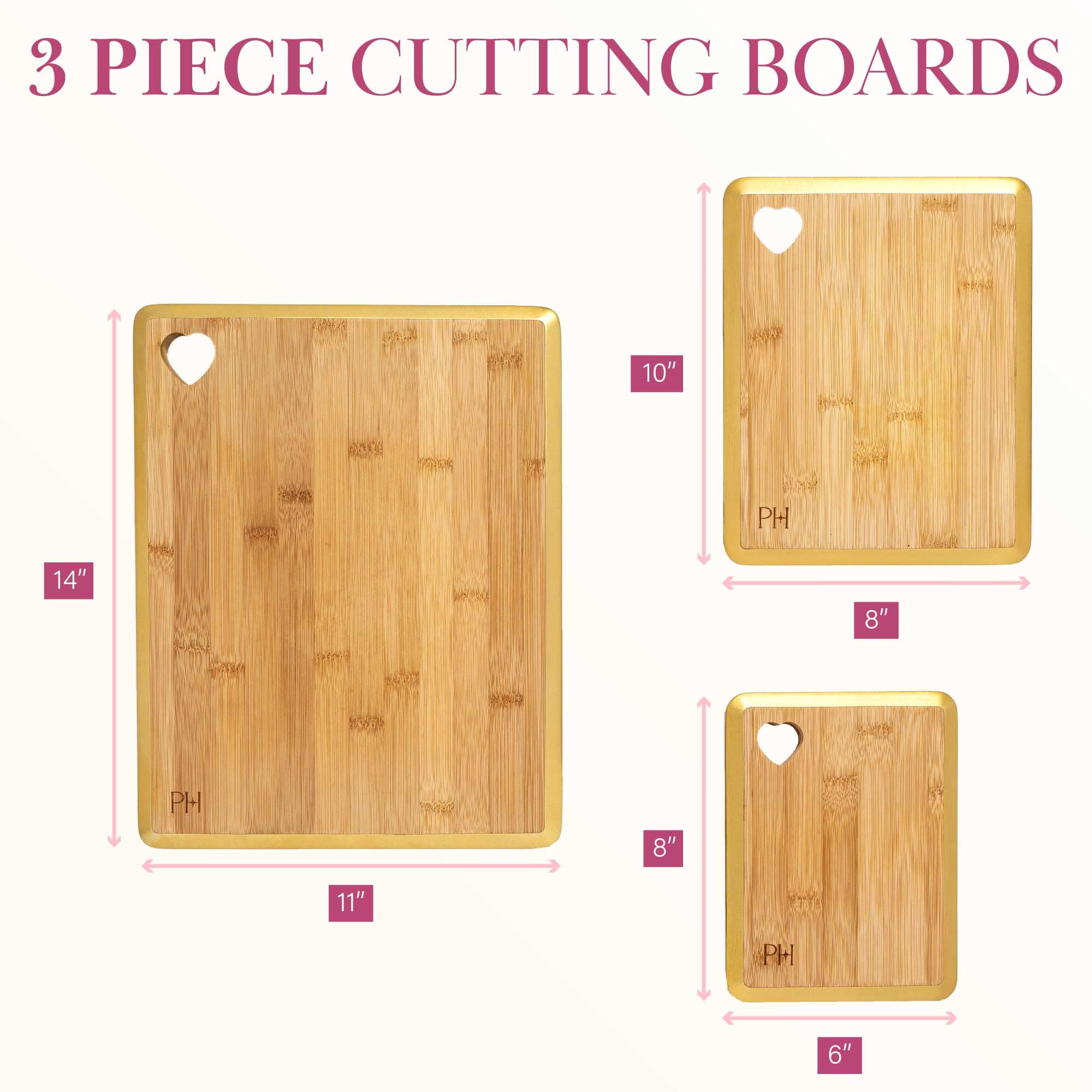 Paris Hilton Reversible Bamboo Cutting Board Set with Heart Shaped Cut-Out Design, Glamorous Gold Edge Detail and Multiple Board Sizes, 3-Pieces, Gold