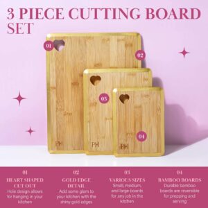 Paris Hilton Reversible Bamboo Cutting Board Set with Heart Shaped Cut-Out Design, Glamorous Gold Edge Detail and Multiple Board Sizes, 3-Pieces, Gold