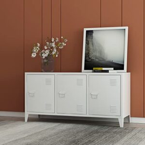 MIOCASA 3 Door Metal Locker TV Cabinet with Shelf Industrial Steel Storage Cabinet TV Stand for Living Room (White)