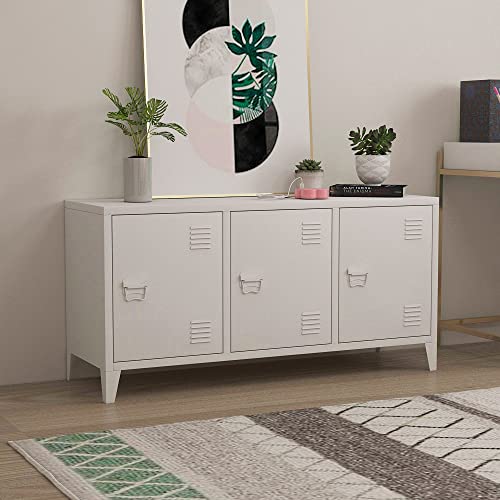 MIOCASA 3 Door Metal Locker TV Cabinet with Shelf Industrial Steel Storage Cabinet TV Stand for Living Room (White)