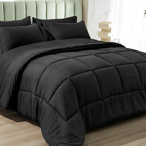 PHF Ultra Soft Comforter Sets King, 7 Pieces Bed in a Bag All Season Comforter & Sheet Set, Comfy Cozy Bedding Set Include Comforter, Pillow Shams, Flat Sheet, Fitted Sheet and Pillowcase, Black