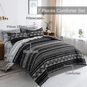 Black Aztec Comforter Set Queen,Boho 7 Pieces Bed in a Bag Comforter Bohemian Bedding Set Soft Microfiber Queen Size(1 Comforter,2 Pillowcases,2 Pillow Shams,1 Flat Sheet,1 Fitted Sheet)