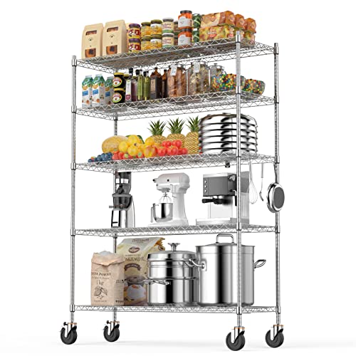 Luxspire Wire Shelving with Wheels,3000LB Heavy Duty Commercial-Grade Adjustable Storage Shelves, NSF-Certified Metal Shelving Utility Rack, Kitchen Garage Basement Shelf,5-Tier 48x18x72 in, Chrome