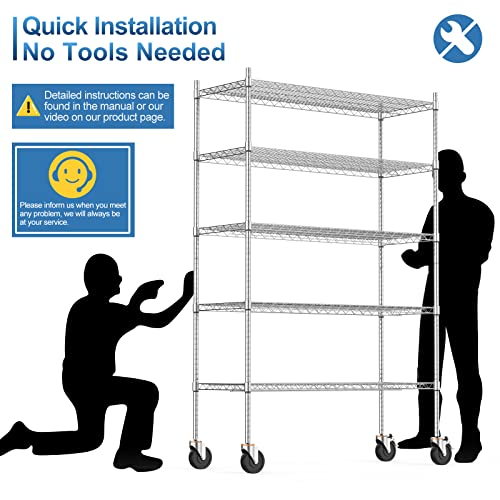 Luxspire Wire Shelving with Wheels,3000LB Heavy Duty Commercial-Grade Adjustable Storage Shelves, NSF-Certified Metal Shelving Utility Rack, Kitchen Garage Basement Shelf,5-Tier 48x18x72 in, Chrome