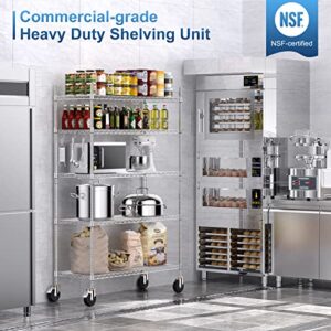 Luxspire Wire Shelving with Wheels,3000LB Heavy Duty Commercial-Grade Adjustable Storage Shelves, NSF-Certified Metal Shelving Utility Rack, Kitchen Garage Basement Shelf,5-Tier 48x18x72 in, Chrome