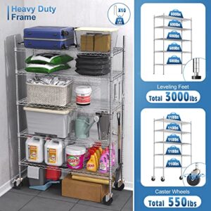 Luxspire Wire Shelving with Wheels,3000LB Heavy Duty Commercial-Grade Adjustable Storage Shelves, NSF-Certified Metal Shelving Utility Rack, Kitchen Garage Basement Shelf,5-Tier 48x18x72 in, Chrome