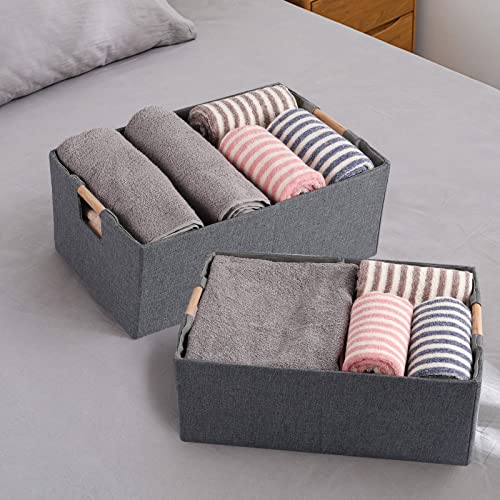 LaMorée Fabric Storage Bin Box Foldable Cotton Linen Storage Basket with Wooden Handles Rectangular Cube Decorative Home Nursery Laundry Organizer Clothes Blanket Container – Gray, Small