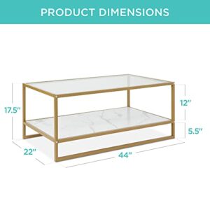 Best Choice Products 44in Glass Coffee Table 2 Tier Rectangular Coffee Table White & Gold with Faux Marble Shelf Interchangeable Glass & Shelf Accent Table, Living Room Table - Gold