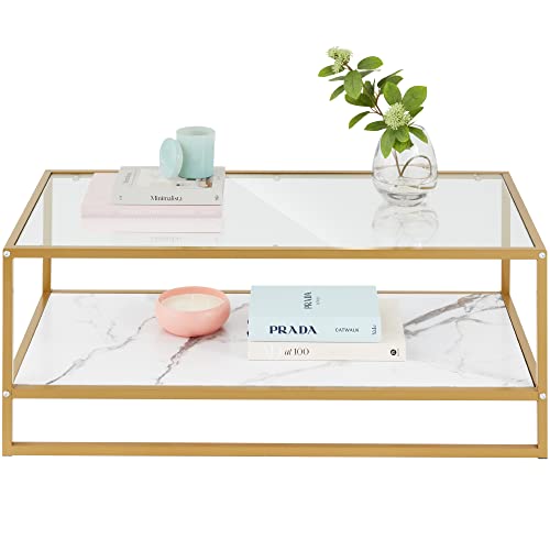 Best Choice Products 44in Glass Coffee Table 2 Tier Rectangular Coffee Table White & Gold with Faux Marble Shelf Interchangeable Glass & Shelf Accent Table, Living Room Table - Gold