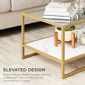 Best Choice Products 44in Glass Coffee Table 2 Tier Rectangular Coffee Table White & Gold with Faux Marble Shelf Interchangeable Glass & Shelf Accent Table, Living Room Table - Gold