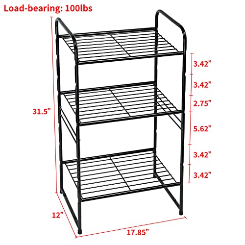 GEORIS 3-Tier Heavy Duty Wire Shelving Unit Storage Rack, Stackable Extendable Plant Stand Bathroom Organizer with Adjustable Shelf, Water Bottle Storage Holder, Black