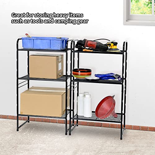 GEORIS 3-Tier Heavy Duty Wire Shelving Unit Storage Rack, Stackable Extendable Plant Stand Bathroom Organizer with Adjustable Shelf, Water Bottle Storage Holder, Black