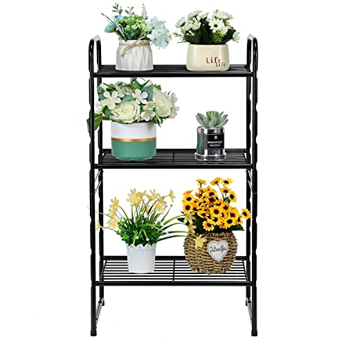 GEORIS 3-Tier Heavy Duty Wire Shelving Unit Storage Rack, Stackable Extendable Plant Stand Bathroom Organizer with Adjustable Shelf, Water Bottle Storage Holder, Black