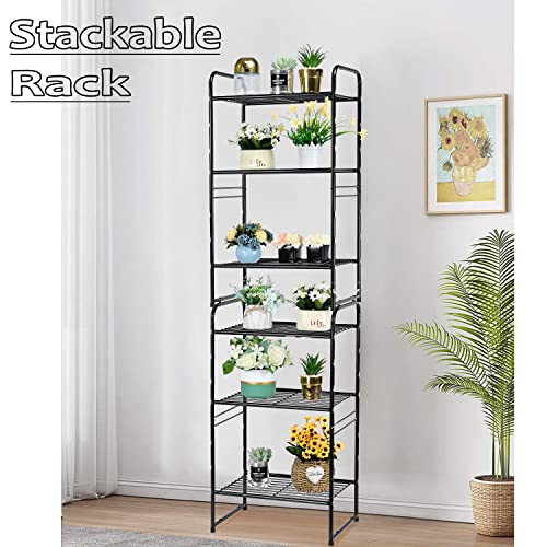 GEORIS 3-Tier Heavy Duty Wire Shelving Unit Storage Rack, Stackable Extendable Plant Stand Bathroom Organizer with Adjustable Shelf, Water Bottle Storage Holder, Black