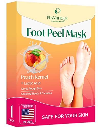 PLANTIFIQUE Foot Peel Mask with Peach 1 Pack Peeling Foot Mask Dermatologically Tested - Repairs Heels & Removes Dry Dead Skin for Baby Soft Feet - Exfoliating Mask for Dry Cracked Feet