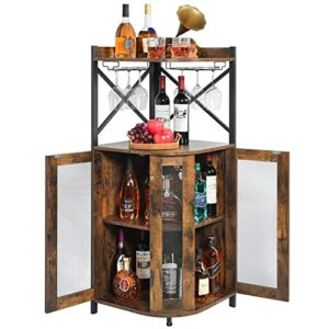 jksmart corner bar cabinet with glass holder,industrial wine cabinet with mesh door,wine bar cabinet with adjustable shelf,home bar for liquor and wine storage,rustic brown