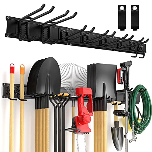 Garage Tool Organizer Wall Mount 11 PCS, Yard Garden Tool Organizer, Adjustable Garage Organizers with 8 Heavy Duty Hooks, Max Load 500lbs Garage Storage for Garden Tools, Shovels, Trimmers, Hoses