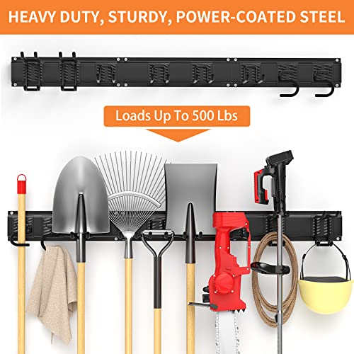 Garage Tool Organizer Wall Mount 11 PCS, Yard Garden Tool Organizer, Adjustable Garage Organizers with 8 Heavy Duty Hooks, Max Load 500lbs Garage Storage for Garden Tools, Shovels, Trimmers, Hoses