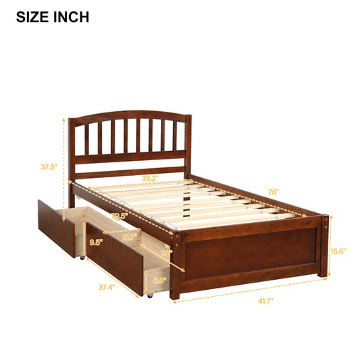 FUZOFUIZ Twin Platform Storage Bed Wooden Bed Frame with Two Drawers and Headboard (Walnut)