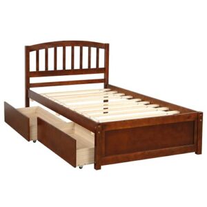 FUZOFUIZ Twin Platform Storage Bed Wooden Bed Frame with Two Drawers and Headboard (Walnut)