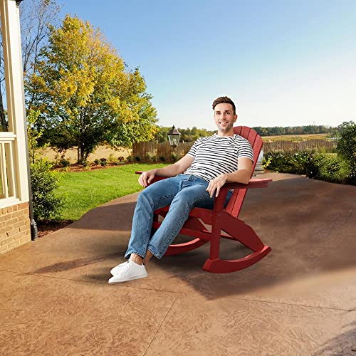 RESINTEAK Pacific Adirondack Rocking Chair, All Weather Resistant, Ergonomic Design and Comfort, 20 Inch Wide Seat, up to 350 lb Big and Tall Porch Rockers for Backyards, Firepit, Deck (Red)