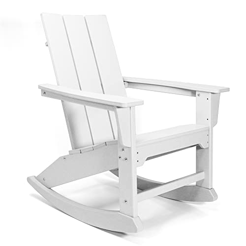 RESINTEAK Modern Adirondack Rocking Chair, All Weather Resistant, Ergonomic Design and Comfort, 20 Inch Wide Seat, up to 350 lb Big and Tall Porch Rockers for Backyards, Firepit, Deck (White)