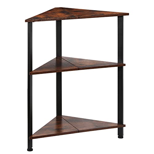 Corner Shelf Wood Storage Stand with Metal Frame, Multipurpose Shelving Unit for Small Space, Home Office, Rustic Brown