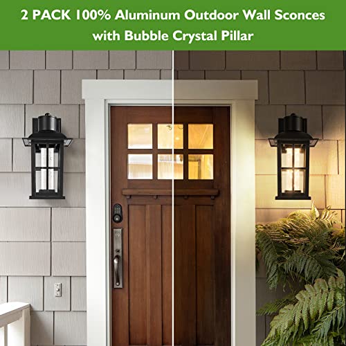 2-Pack LED Outdoor Wall Sconce Black Modern Porch Light with Crystal Bubble Glass, Exterior Waterproof Wall Mounted Light Fixtures, 10W 3000K 100% Aluminum Wall Lights for Garage Doorway Patio Balcony