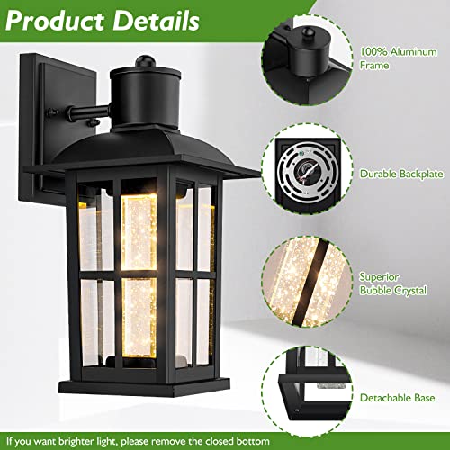 2-Pack LED Outdoor Wall Sconce Black Modern Porch Light with Crystal Bubble Glass, Exterior Waterproof Wall Mounted Light Fixtures, 10W 3000K 100% Aluminum Wall Lights for Garage Doorway Patio Balcony